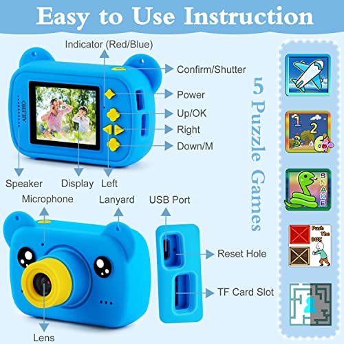 AILEHO Kids Camera for Boys Bear Cartoon Blue Child Video Camera Christmas Toy Birthday Gifts for 3-8 Year Old Starter Toddler Camera 8M 1080P with 32G Card LCD Screen 2.0"