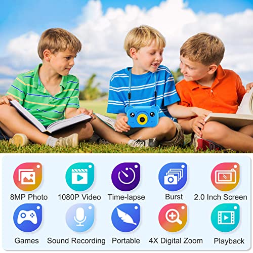 AILEHO Kids Camera for Boys Bear Cartoon Blue Child Video Camera Christmas Toy Birthday Gifts for 3-8 Year Old Starter Toddler Camera 8M 1080P with 32G Card LCD Screen 2.0"