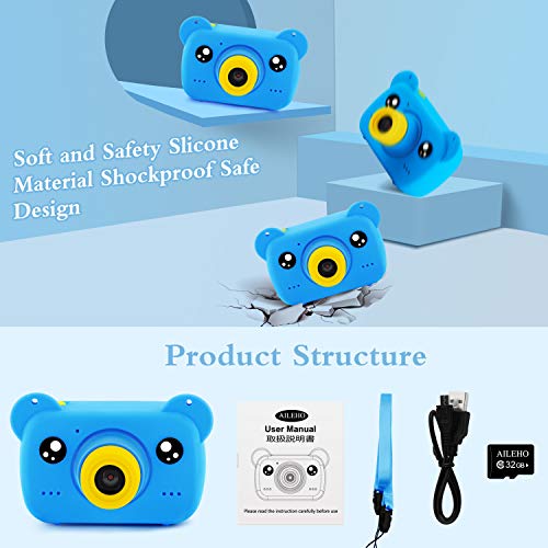 AILEHO Kids Camera for Boys Bear Cartoon Blue Child Video Camera Christmas Toy Birthday Gifts for 3-8 Year Old Starter Toddler Camera 8M 1080P with 32G Card LCD Screen 2.0"