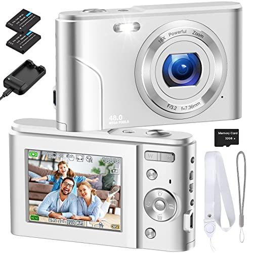 Digital Camera, RUAHETIL Autofocus FHD 1080P 48MP Kids Vlogging Camera with 32GB Memory Card, 2 Charging Modes 16X Zoom Compact Camera Point and Shoot Camera for Kids Teens (Silver)