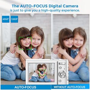 Digital Camera, RUAHETIL Autofocus FHD 1080P 48MP Kids Vlogging Camera with 32GB Memory Card, 2 Charging Modes 16X Zoom Compact Camera Point and Shoot Camera for Kids Teens (Silver)