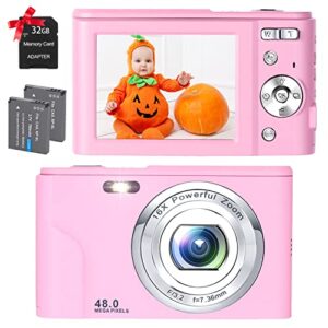 digital camera, fhd 48.0 mp vlogging camera mini camera kids camera video camera pocket camera with 32gb tf card autofocus 16x digital zoom, compact portable camera for kids students teenager-pink