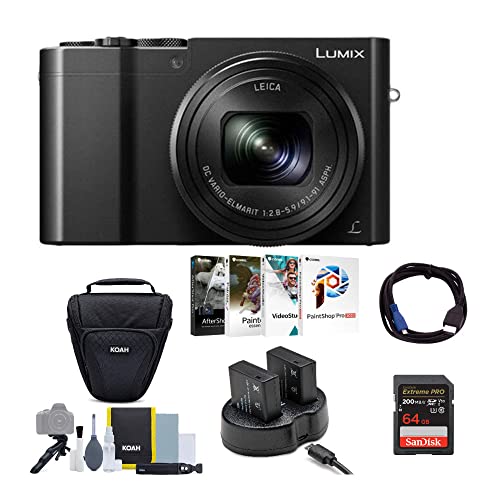 Panasonic LUMIX DMC-ZS100 Digital Camera (Black) Bundle with 64GB Memory Card, Cable, Battery with Dual Charger, Case with Accessories, and Video Software Suite (6 Items)