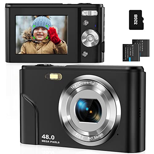 Digital Camera, Kids Camera with 32GB Sd Card, Autofocus FHD 1080p 48MP Compact Camera with 16x Digital Zoom, Vlogging YouTube Camera for Kids, Teens, Students, Girls, Boys, Adults, Beginners