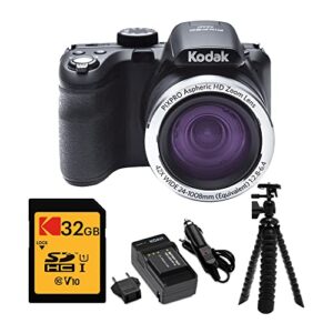 kodak pixpro az421 astro zoom 16mp digital camera with 42x optical zoom (black) bundle with 32gb sd card, battery, and tripod (4 items)