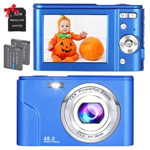 digital camera, fhd 48.0 mp vlogging camera mini camera kids camera video camera pocket camera with 32gb tf card autofocus 16x digital zoom, compact portable camera for kids students teenager-blue