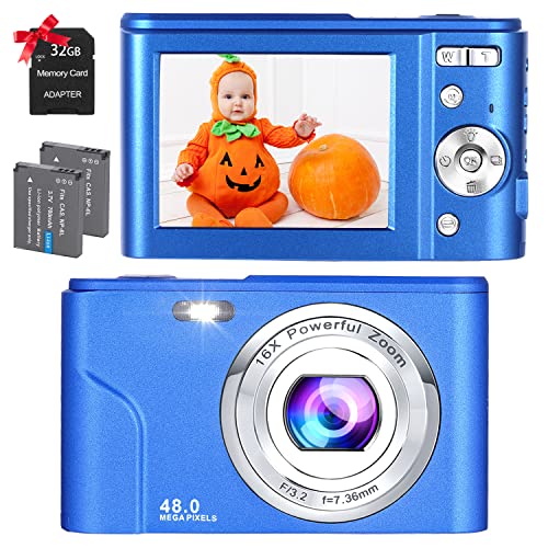 Digital Camera, FHD 48.0 MP Vlogging Camera Mini Camera Kids Camera Video Camera Pocket Camera with 32GB TF Card Autofocus 16X Digital Zoom, Compact Portable Camera for Kids Students Teenager-Blue