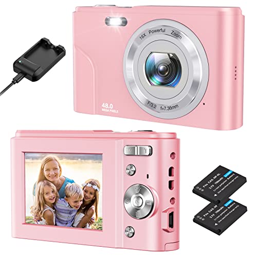 Digital Camera, HUMIDIER FHD 1080P 36MP 16X Digital Zoom Mini Vlogging Video Camera with Battery Charger, Compact Portable Cameras Point and Shoot Camera for Kids,Teens,Beginners (Pink)