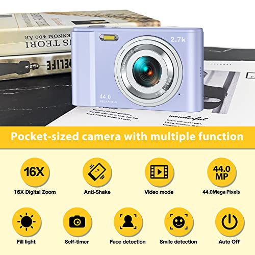 Digital Camera, Lecran FHD 2.7K 44MP Vlogging Camera with 16X Digital Zoom, 2.88" IPS Screen, Mini Compact Portable Cameras for Students, Teens, Kids (2.7K Purple)