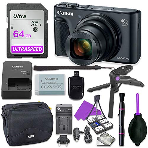 Canon PowerShot SX740 Digital Camera Bundle (Black) with Tripod Hand Grip, 64GB SD Memory, Case and More