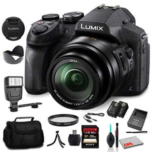 panasonic lumix dmc-fz300 digital camera (dmc-fz300k) – bundle – with 256gb memory card + dmw-blc12 battery + digital flash + soft bag + 12 inch flexible tripod + cleaning set + more