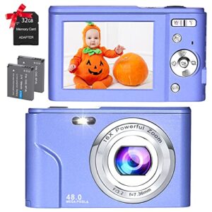 digital camera, fhd 48.0 mp vlogging camera mini camera kids camera video camera pocket camera with 32gb tf card autofocus 16x digital zoom, compact portable camera for kids students teenager-purple