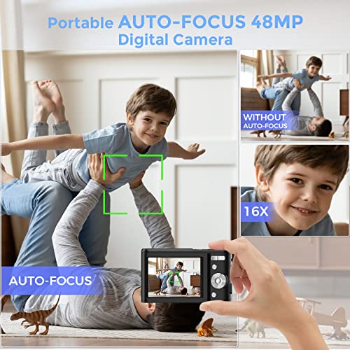 Digital Camera, NEZINI 2 Charging Mode Autofocus Kids Camera, Full HD 1080P 48MP LCD Mini Vlogging Camera, 16X Zoom Compact Pocket Camera Point and Shoot Camera for Kids Teens Beginners (Black)