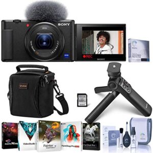 sony zv-1 compact 4k hd digital camera, black bundle with vlogger accessory kit, pc software pack, shoulder bag, screen protector, cleaning kit