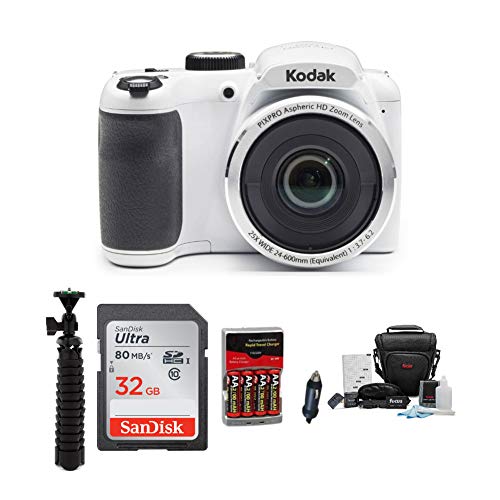 Kodak PIXPRO AZ252 Digital Camera (White) Bundle with 32GB SD Card, Tripod, Battery, and Accessory (5 items)