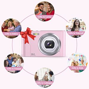 Digital Camera - Compact Vlogging Camera 1080P with 36.0 Mega Pixels 16X Digital Zoom, 2 Batteries, AUFOYA Portable Mini Camera for Photography, Kids, Students, Teens, Adult (Pink)