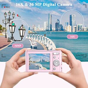 Digital Camera - Compact Vlogging Camera 1080P with 36.0 Mega Pixels 16X Digital Zoom, 2 Batteries, AUFOYA Portable Mini Camera for Photography, Kids, Students, Teens, Adult (Pink)