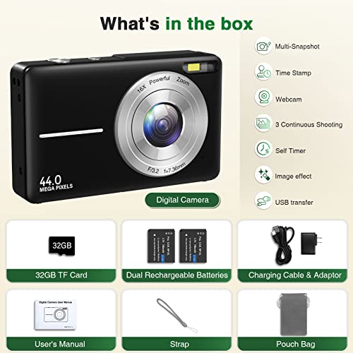 Digital Camera for Kids,HOORUAN FHD 1080P 44MP Kids Camera with 32GB Card,2.4“ LCD Vlogging Camera,16X Digital Zoom Compact Point and Shoot Camera, Portable Mini Kids Camera for Teens Students