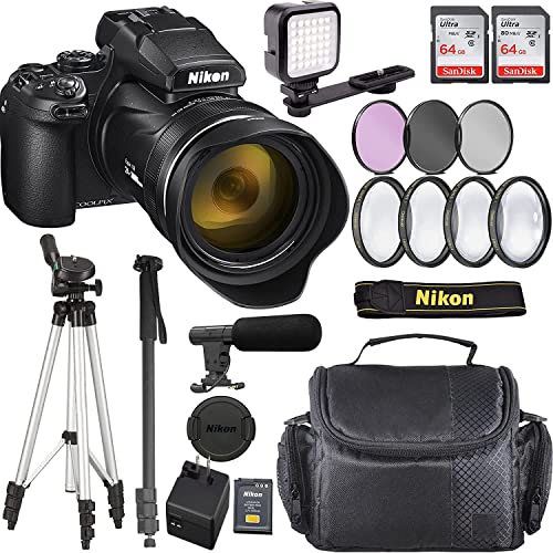 Nikon Intl. Nikon COOLPIX P1000 Camera with Advanced Bundle, 26522 (Microphone, LED Light, Tripod, Monopod, 2x64Gb and More) (Renewed)