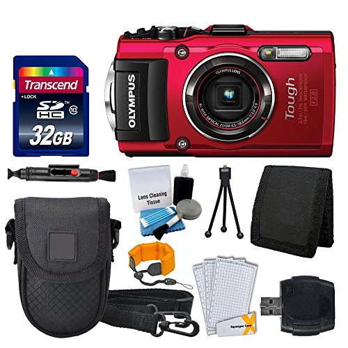 Olympus Stylus Tough TG-4 Digital Camera (Red) + Transcend 32GB Memory Card + Point & Shoot Camera Case + Card Reader + Floating Wrist Strap + Full Value Bundle - International Version (No Warranty)