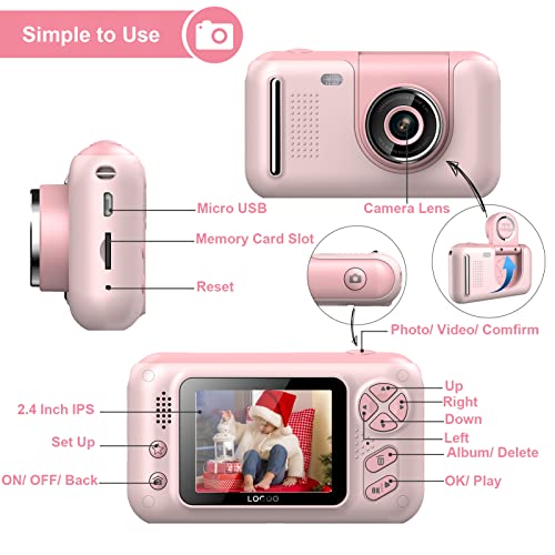 Andoer 1080P Kids Digital Camera Mini Video Camera for Kids 40MP 2.4 Inch IPS Screen 180° Rotatable Lens Built-in Battery Cute Photo Frames Fun Games with Neck Strap Mini Desktop 32GB Memory Card