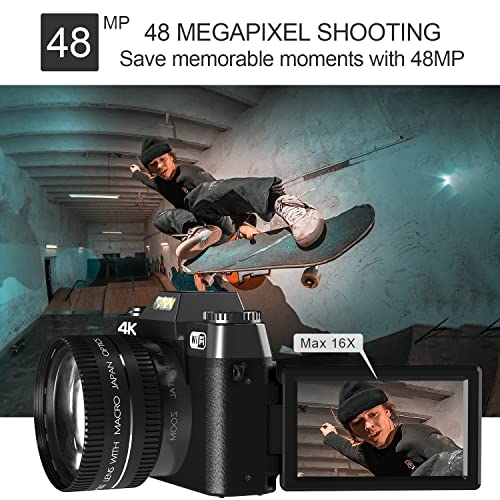 Digital Camera for Photograohy and Video VJIANGER 4K 48MP WiFi Vlogging Camera with 180° Flip Screen, 16X Digital Zoom, 52mm Wide Angle & Macro Lens, 2 Batteries and 32GB TF Card(W02 Black3)