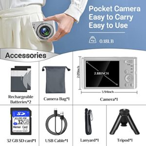 Digital Camera with 32GB SD Card, VJIANGER 4K 48MP Vlogging Camera with 2.8" Screen, 16X Digital Zoom, Mini Point and Shoot Camera for Kids Tees Aldults with 2 Batteries &Tripod(DC6-6 Silver)