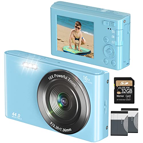 Digital Camera for Kids Teens Boys Girls Adults 4K 44MP with 32GB SD Card, 2.4 Inch Point and Shoot Camera with16X Digital Zoom, Compact Mini Camera Kids Camera for Students Seniors（Blue1）