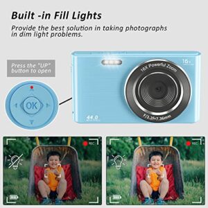 Digital Camera for Kids Teens Boys Girls Adults 4K 44MP with 32GB SD Card, 2.4 Inch Point and Shoot Camera with16X Digital Zoom, Compact Mini Camera Kids Camera for Students Seniors（Blue1）