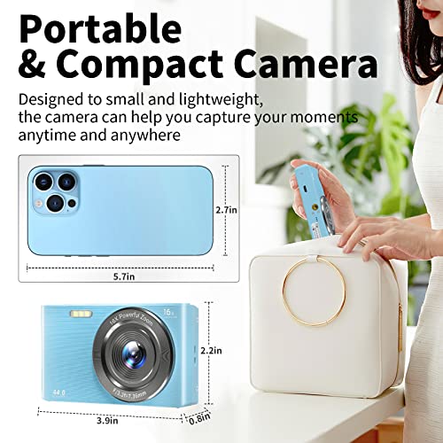 Digital Camera for Kids Teens Boys Girls Adults 4K 44MP with 32GB SD Card, 2.4 Inch Point and Shoot Camera with16X Digital Zoom, Compact Mini Camera Kids Camera for Students Seniors（Blue1）