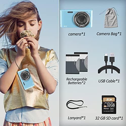 Digital Camera for Kids Teens Boys Girls Adults 4K 44MP with 32GB SD Card, 2.4 Inch Point and Shoot Camera with16X Digital Zoom, Compact Mini Camera Kids Camera for Students Seniors（Blue1）