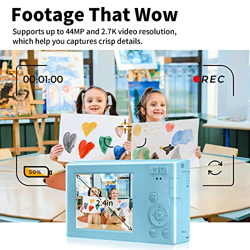 Digital Camera for Kids Teens Boys Girls Adults 4K 44MP with 32GB SD Card, 2.4 Inch Point and Shoot Camera with16X Digital Zoom, Compact Mini Camera Kids Camera for Students Seniors（Blue1）