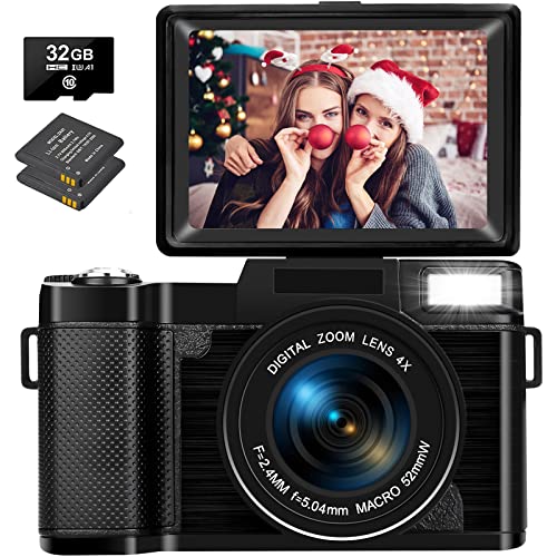 Digital Camera, Vlogging Camera for Photography and Video on YouTube, 2.7K 30MP Point and Shoot Cameras, 3 Inch 180 Degree Flip Screen, 2 Batteries, 32GB SD Card (Black)