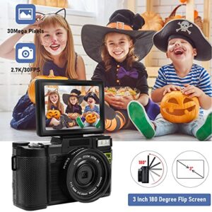 Digital Camera, Vlogging Camera for Photography and Video on YouTube, 2.7K 30MP Point and Shoot Cameras, 3 Inch 180 Degree Flip Screen, 2 Batteries, 32GB SD Card (Black)