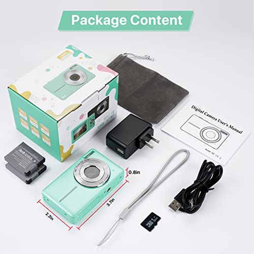 Digital Camera, Kids Camera with 32GB Card FHD 1080P 44MP Vlogging Camera with LCD Screen 16X Zoom Compact Portable Mini Rechargeable Camera Gifts for Students Teens Adults Girls Boys-Green