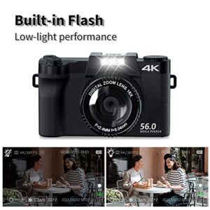 4K Digital Camera for Photography NIKICAM 56MP Vlogging Camera for YouTube with Manualfocus, Point and Shoot Camera with 16X Digital Zoom(Include 32GB TF Card & 2 Rechargeable Batteries) -Black3