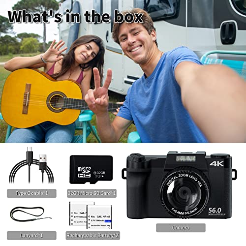 4K Digital Camera for Photography NIKICAM 56MP Vlogging Camera for YouTube with Manualfocus, Point and Shoot Camera with 16X Digital Zoom(Include 32GB TF Card & 2 Rechargeable Batteries) -Black3