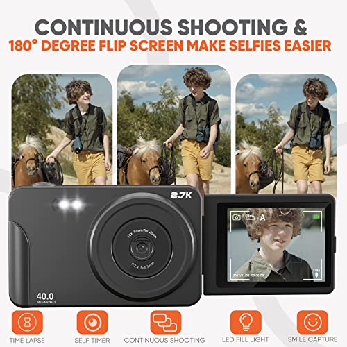 ESOXOFFORE Digital Camera for Teens,2.7K 40MP Autofocus Vlogging Camera with 180 Degree Flip Screen,16X Digital Zoom Compact Portable Video Camera for 8-15 Year Old Kids Student Boys Girls (Black)