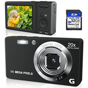 digital camera 4k 56mp kids digital camera for photography, autofocus small digital camera 20x digital zoom portable digital camera for boys and girls with 32gb sd card – black