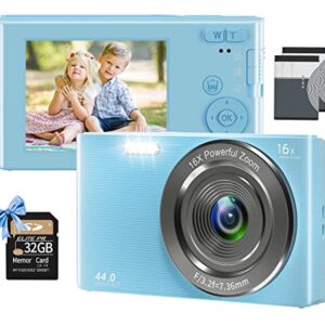 UIKICON Digital Camera, FHD 4K 44MP Kids Camera Video Camera with 32GB SD Card 16X Digital Zoom, Compact Point and Shoot Camera Portable Small Camera for Teens Students Boys Girls-Light Blue