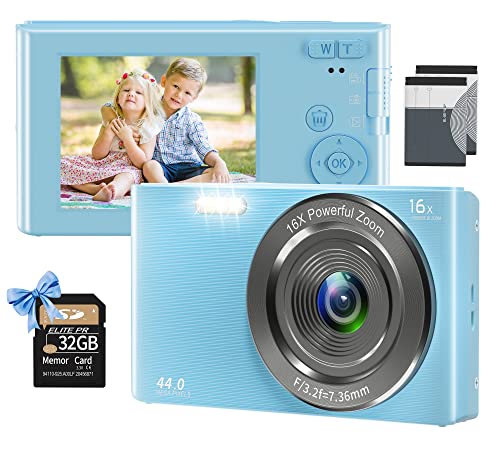 UIKICON Digital Camera, FHD 4K 44MP Kids Camera Video Camera with 32GB SD Card 16X Digital Zoom, Compact Point and Shoot Camera Portable Small Camera for Teens Students Boys Girls-Light Blue