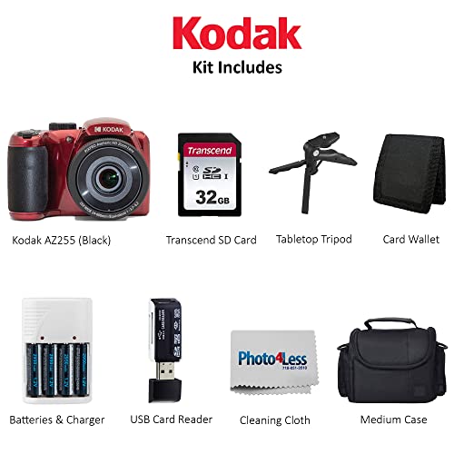 Kodak PIXPRO AZ255 Digital Camera (Red) + Point & Shoot Camera Case + 32GB SD Memory Card + Rechargeable Batteries & Charger + USB Card Reader + Table Tripod + Accessories