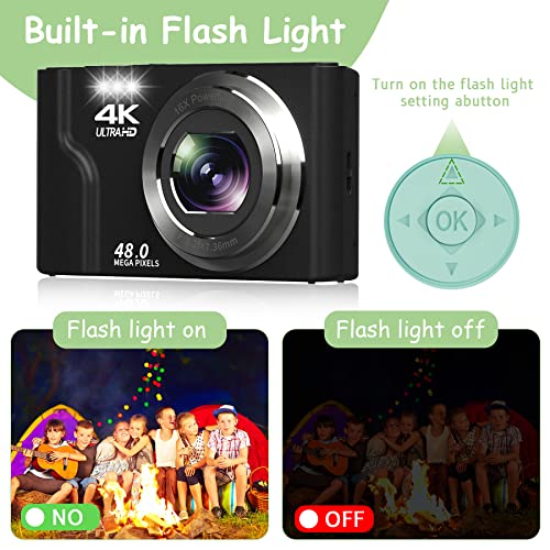 Digital Camera, FHD 4K Digital Camera for Kids & Adult, 48MP Vlogging Cameras for Photography, Small Compact Point and Shoot Digital Camera with 32GB SD Card for Beginners,Kids and Teens-Black