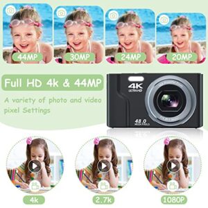 Digital Camera, FHD 4K Digital Camera for Kids & Adult, 48MP Vlogging Cameras for Photography, Small Compact Point and Shoot Digital Camera with 32GB SD Card for Beginners,Kids and Teens-Black