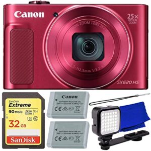 canon powershot sx620 hs digital camera (red) + sandisk extreme 32gb memory card, extended life replacement battery (1600mah), ultra bright led light with bracket & more (9pc bundle)