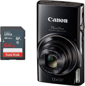 canon powershot elph 360 hs digital camera + 64gb sd memory card (black) (renewed)