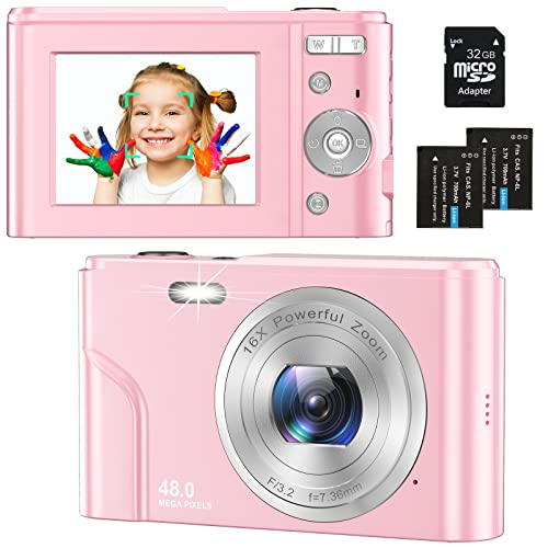 Digital Camera for Teens Kids, 1080P 48MP Kids Camera with 32GB SD Card, 2.4 Inch LCD Screen Kids Digital Camera with 16X Digital Zoom, Compact Kid Camera for Kids Girls Boys Adults Beginners (Pink)