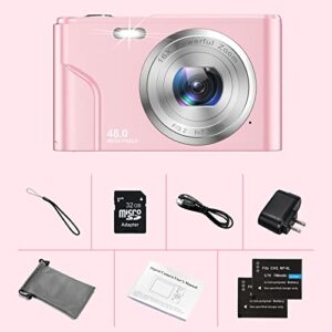 Digital Camera for Teens Kids, 1080P 48MP Kids Camera with 32GB SD Card, 2.4 Inch LCD Screen Kids Digital Camera with 16X Digital Zoom, Compact Kid Camera for Kids Girls Boys Adults Beginners (Pink)