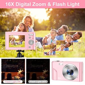 Digital Camera for Teens Kids, 1080P 48MP Kids Camera with 32GB SD Card, 2.4 Inch LCD Screen Kids Digital Camera with 16X Digital Zoom, Compact Kid Camera for Kids Girls Boys Adults Beginners (Pink)