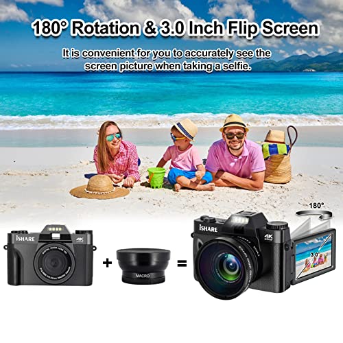 4K Digital Cameras for Photograpy, 48 MP FHD Vlogging Camera with WiFi 16X Digital Zoom 3.0 Inch Flip Screen for YouTube ( 32GB & 2 x Batteries )